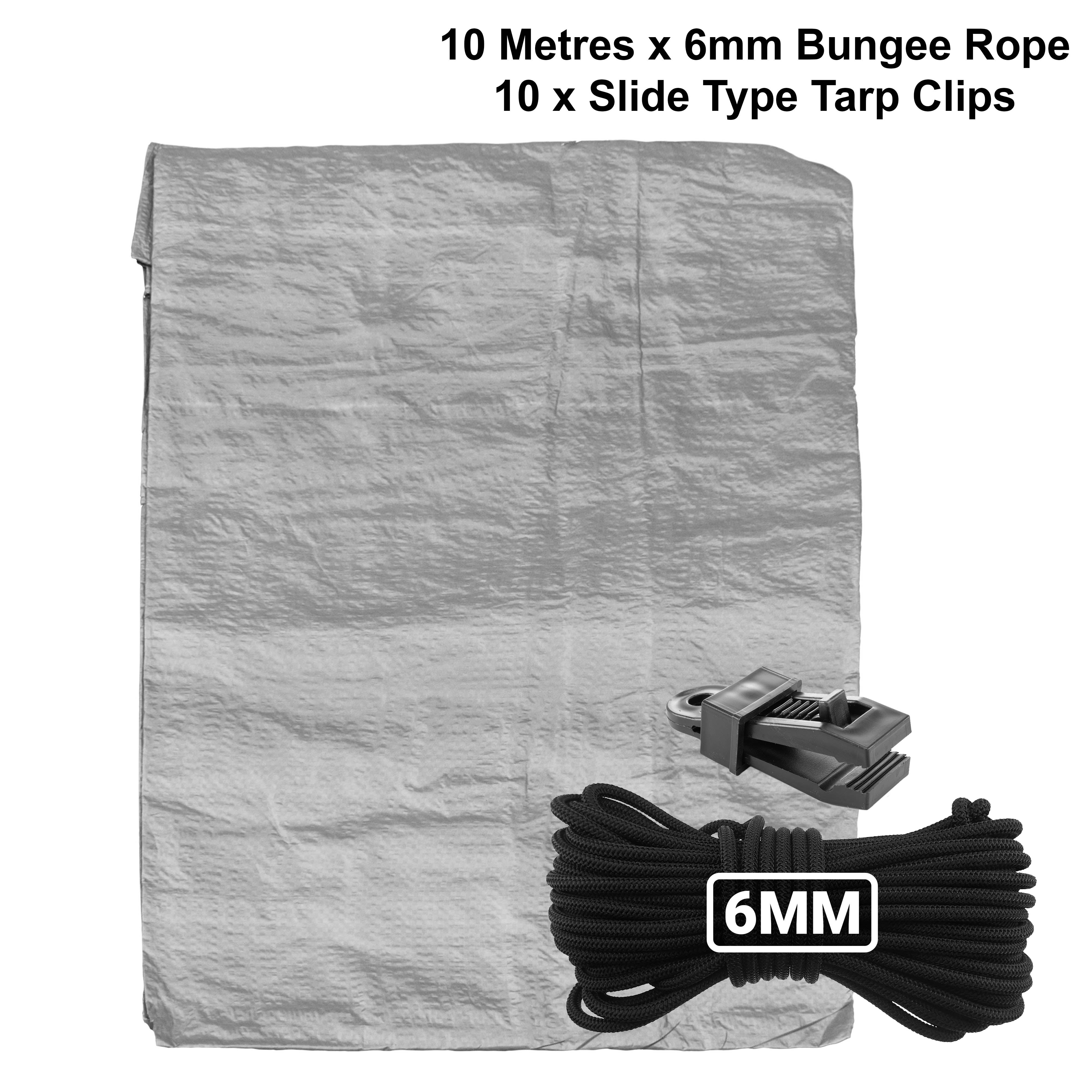 Grey S-Grade Tarpaulin with 10m of 6mm Bungee Rope and 10 x Slide Type ...