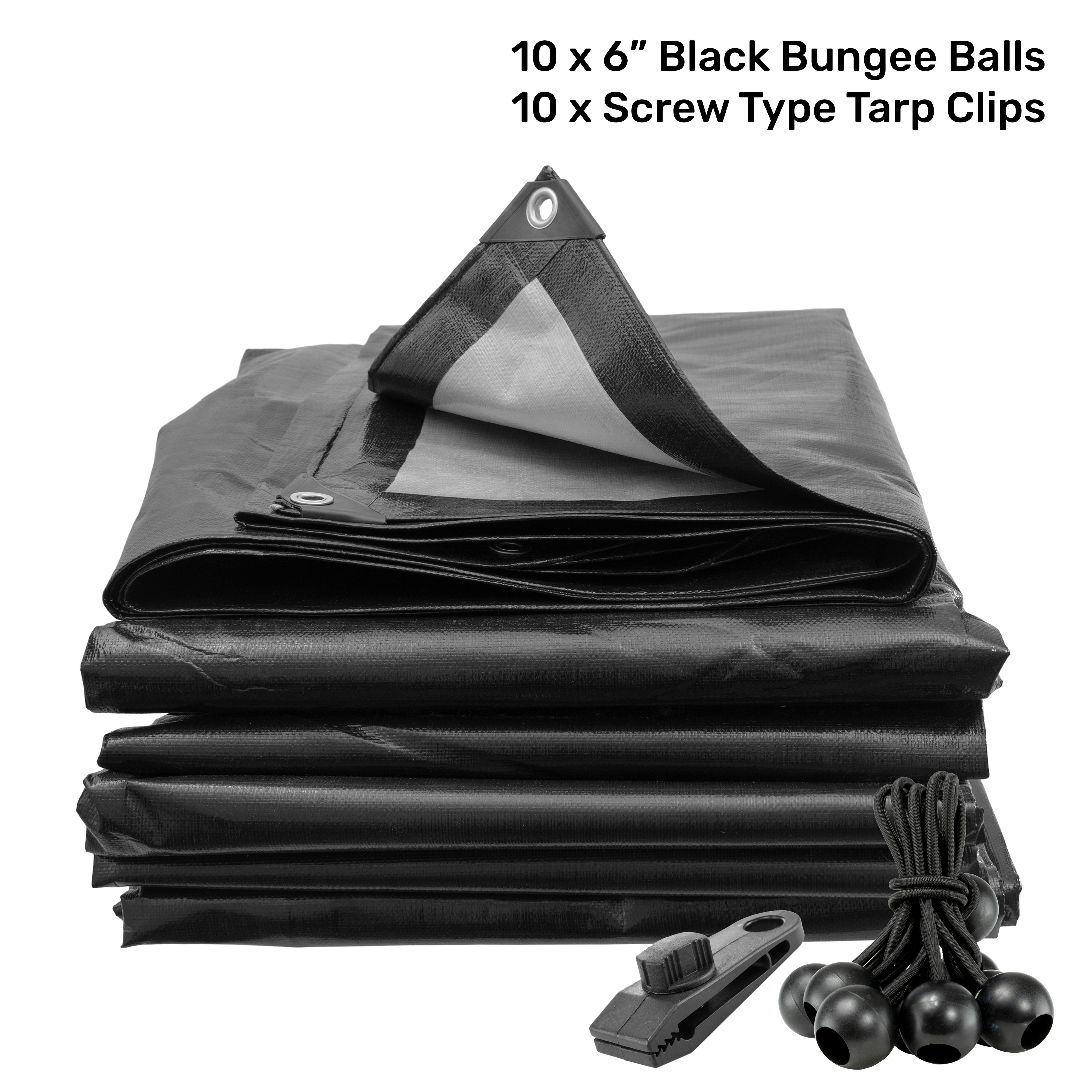 Black/Silver L-Grade Tarpaulin with 10 x 6" Bungee Balls (Black) and 1 ...