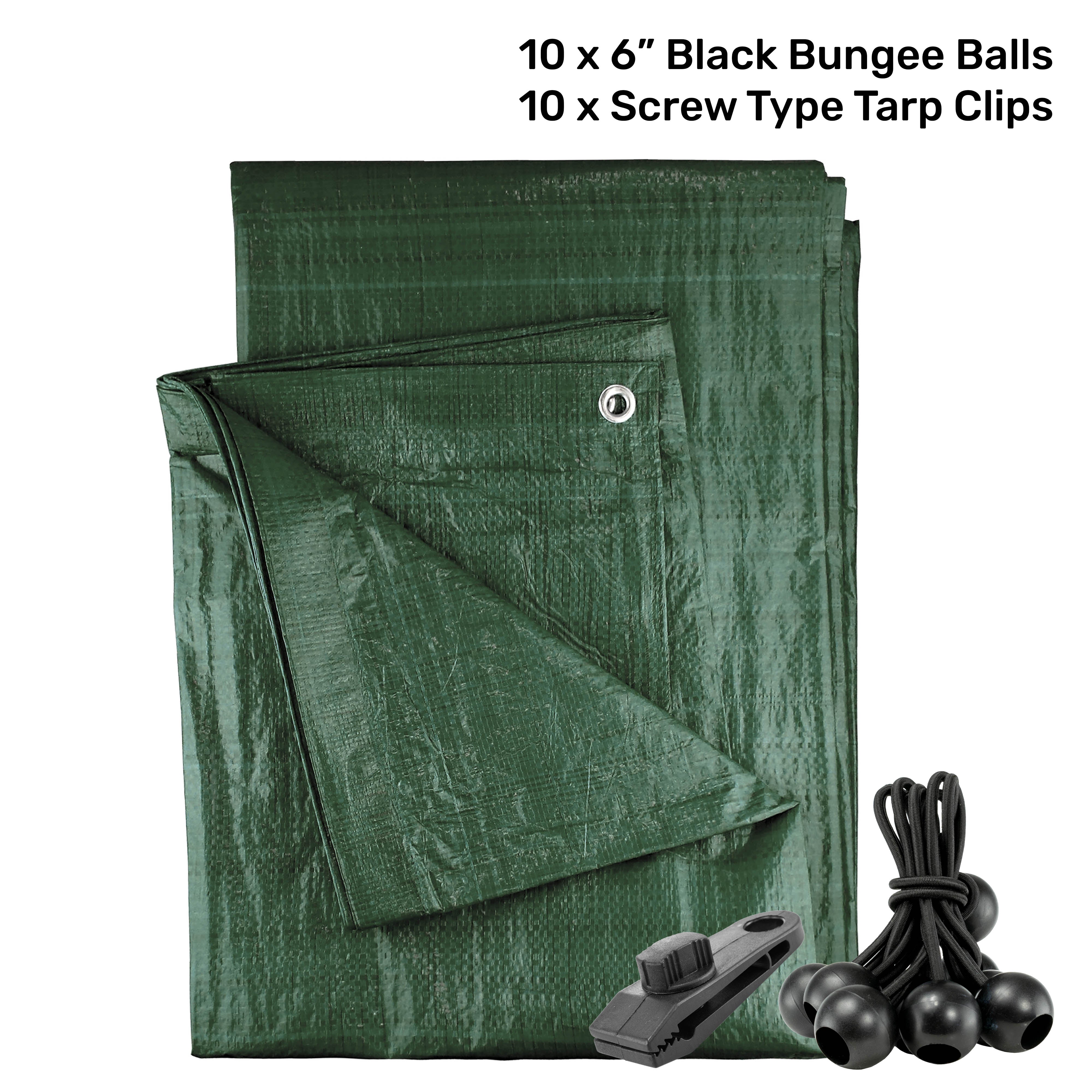 Green M-Grade Tarpaulin with 10 x 6" Bungee Balls (Black) and 10 x Scr ...