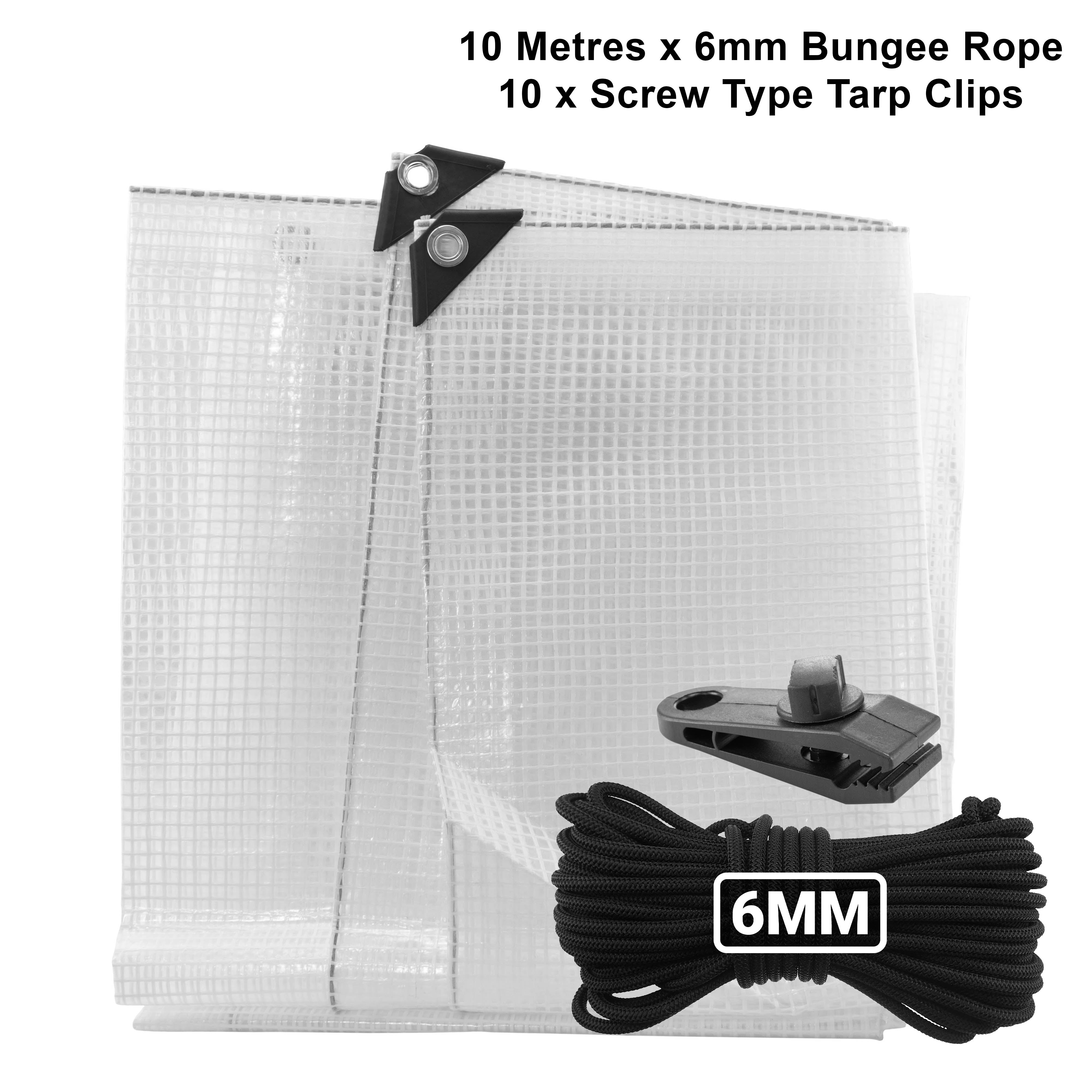 Clear XL-Grade Tarpaulin with 10m of 6mm Bungee Rope and 10 x Screw Ty ...